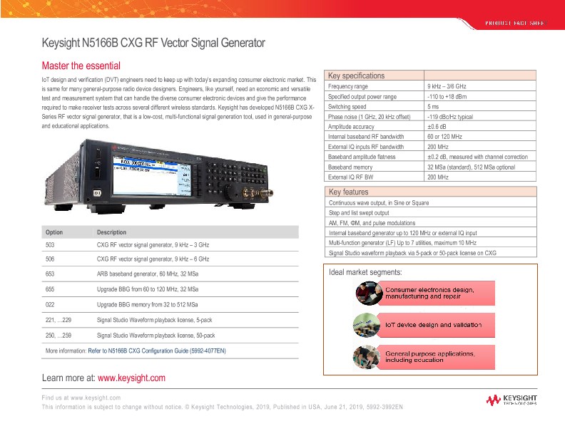 N5166B CXA RF Vector Signal Generator PDF Asset Page | Keysight